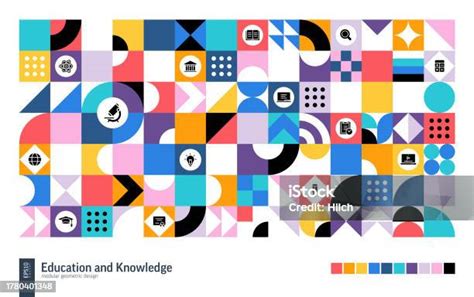교육 기하학적 복고풍 패턴입니다 색상 학교 추상 모양 배경입니다 포스터 대학 학습 배너 서클 양식 과학 아카데미 책 아이콘 0