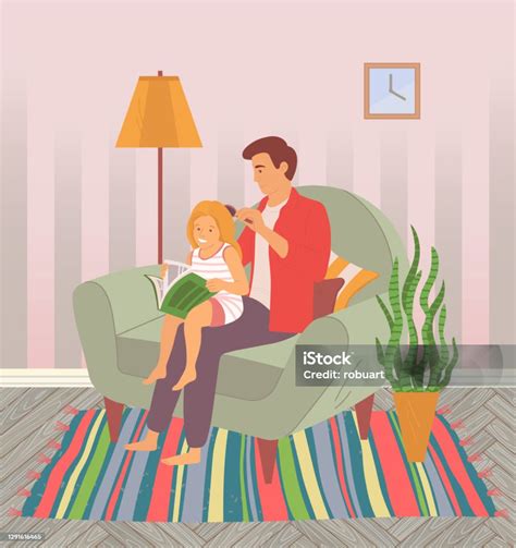아빠와 딸이 함께 시간을 보냅니다 아버지가 딸의 머리카락을 빗질하고 있습니다 플랫 벡터 이미지입니다 빗질에 대한 스톡 벡터 아트 및 기타 이미지 Istock
