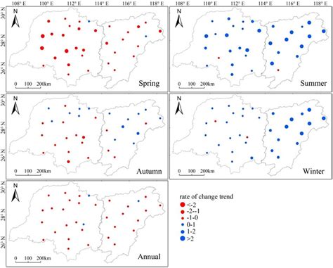 Spatial Distribution Of Trends For Winter Spring Summer Autumn And
