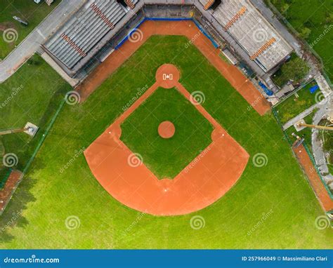 Drone Aerial View Flying Above A Outdoor Baseball Field Diamond Stock