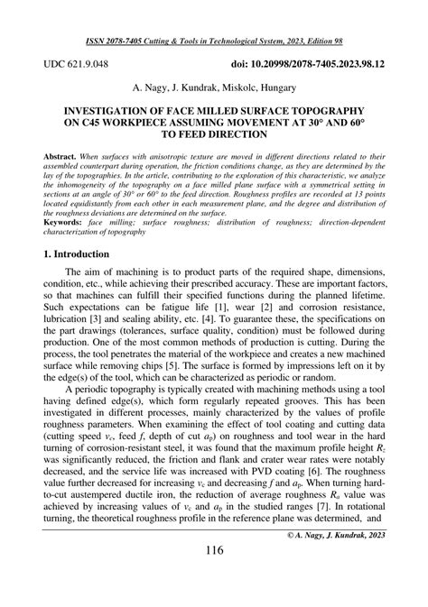 Pdf Investigation Of Face Milled Surface Topography On C45 Workpiece Assuming Movement At 30