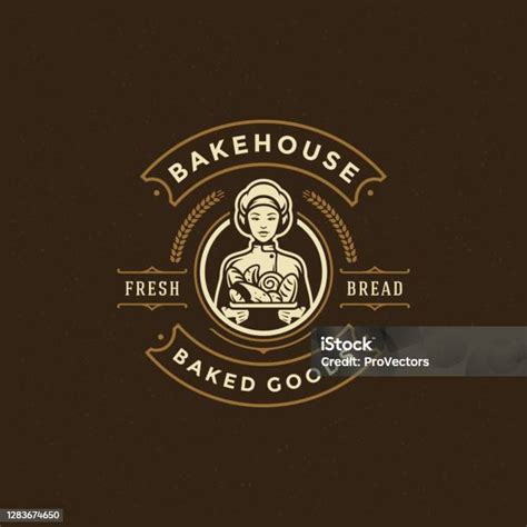 베이커리 배지 또는 라벨 레트로 벡터 일러스트 베이커 여성 빵 실루엣바구니와 베이커 여자에 대한 스톡 벡터 아트 및 기타 이미지