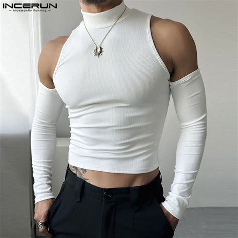Incerun Men T Shirts Solid Color Turtleneck Long Sleeve Hollow Out