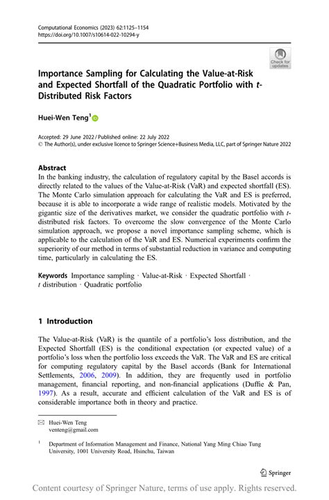 Importance Sampling For Calculating The Value At Risk And Expected Shortfall Of The Quadratic