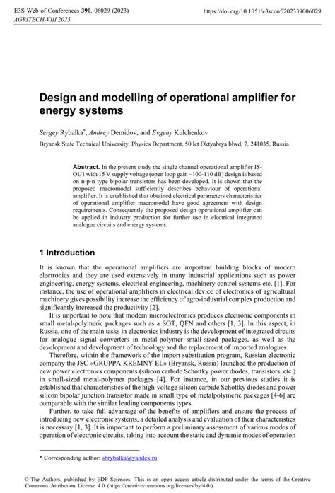 Pdf Design And Modelling Of Operational Amplifier For Energy Systems