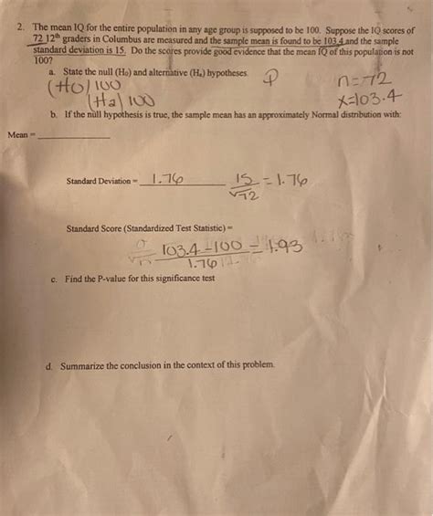 Solved Standard Score Standardized Test Statistic