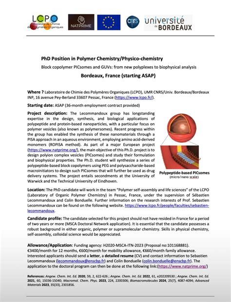 Phd Position In Polymer Chemistry Physico Chemistry Block Copolymer Picsomes And Guvs From New