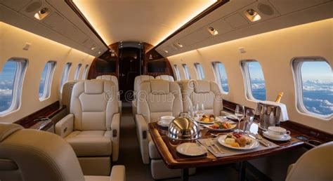 Luxurious Private Jet Interior With Elegant Seating And Gourmet Dining