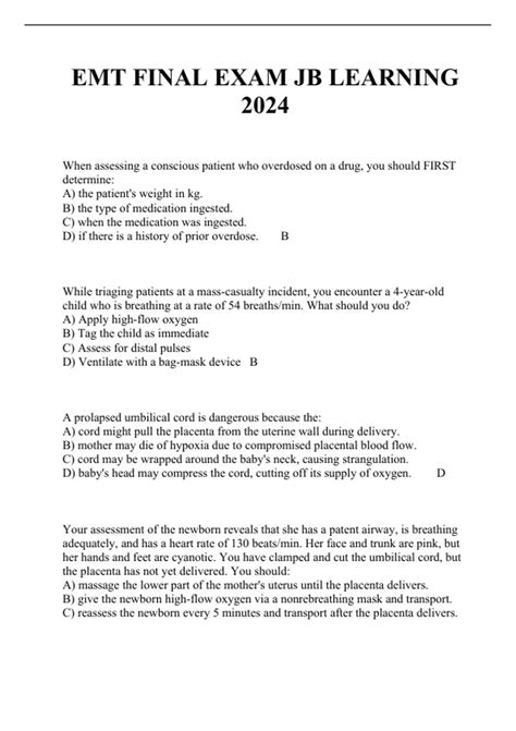 EMT FINAL EXAM JB LEARNING EMT JB LEARNING Stuvia US