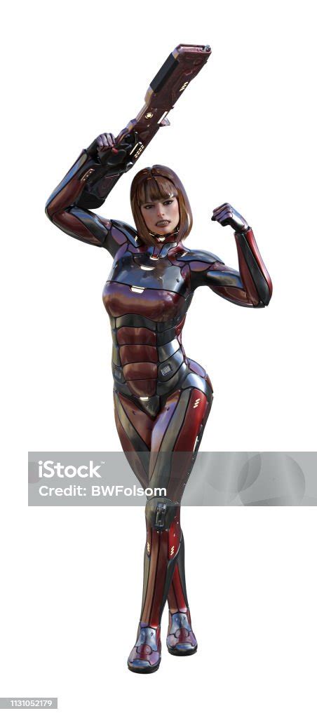 공중에 총과 함께 서 있는 전신 갑옷에 미래의 여성 군인의 그림 3차원 형태에 대한 스톡 사진 및 기타 이미지 3차원 형태