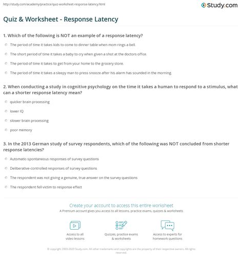 quiz and worksheet response latency