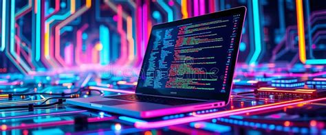A Vibrant Computer With Coding Displayed On The Screen In A Neon Lit Futuristic Environment At