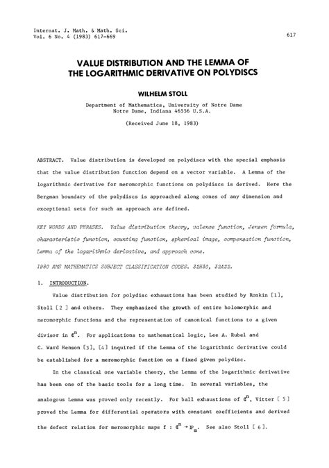 Pdf Value Distribution And The Lemma Of The Logarithmic Derivative On