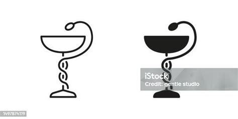 스네이크 라인과 실루엣 블랙 아이콘 세트가 있는 그릇 약국 픽토그램 제약 또는 의료 클리닉 약국 흰색 배경에 병원 기호 모음 격리된 벡터 그림 건강관리와 의술에 대한 스톡