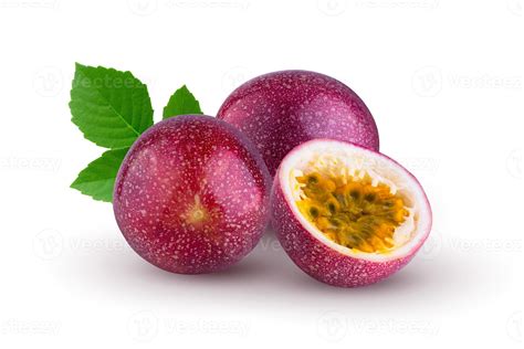 Whole Passionfruit And A Half Of Maracuya Isolated On White Background