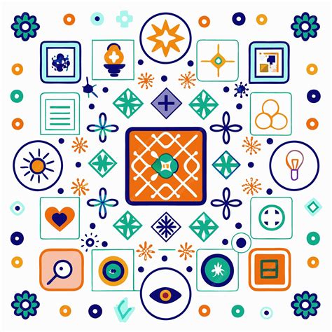 Colorful Abstract Geometric Pattern With Various Shapes And Symbols On A White Background