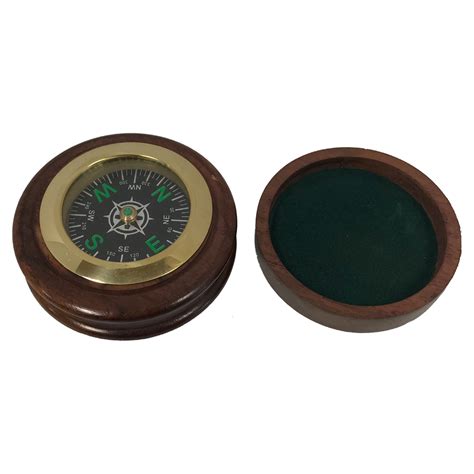 3″ Polished Solid Brass Compass In Wood Box W Brass Inlay Madison