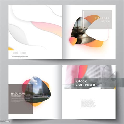 정사각형 디자인 Bifold 브로셔 잡지 전단지 소책자를위한 두 개의 표지 템플릿의 벡터 일러스트 레이아웃 노란색 색상 그라데이션 추상 동적 모양 화려한 기하학적 템플릿