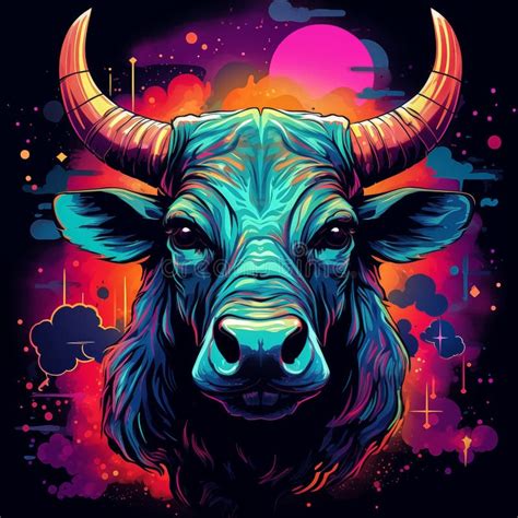 T Shirt Print Retrowave Crazy Bull Vivid Colors Detailed Stock