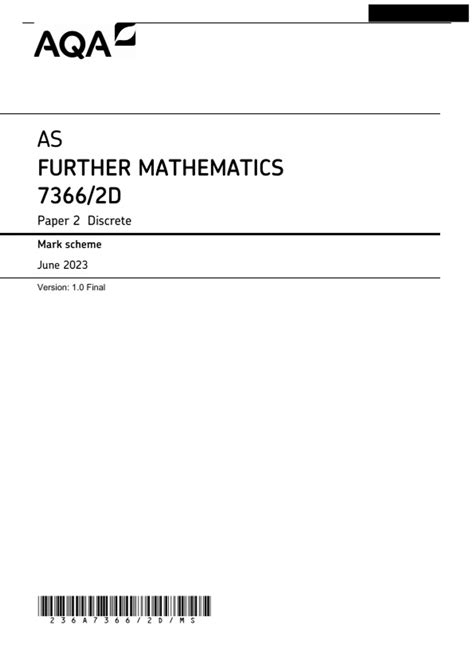 Aqa As Further Mathematics 7366 2d Paper 2 Discrete Mark Scheme June 2023 Version 1 0 Final