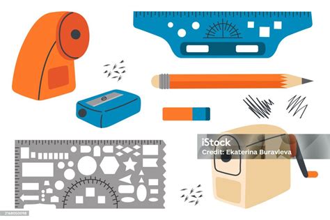 문구 세트 다양한 기계 숫돌 지우개 연필심 부스러기의 벡터 일러스트 레이 션 0명에 대한 스톡 벡터 아트 및 기타 이미지 0