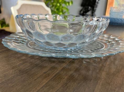 Sapphire Blue Bubble Glass Platter And Large Bowl Lovely Light Blue