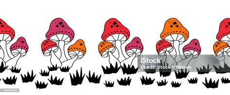 원활한 벡터 테두리 버섯 곰팡이 검은 색 빨간색 흰색 라인 아트 버섯 식물 수평 반복 패턴 패브릭 트림 풋터 헤더 디바이더 배너 리본 덕트 테이프용 자연 텍스처 가을에 대한