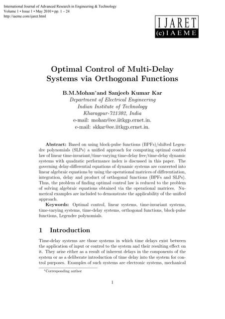 Optimal Control Of Multi Delay Systems Via Orthogonal Functions Pdf