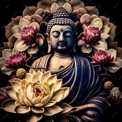 Representación De Buda Sentado En Posición De Loto Meditando Con Flores