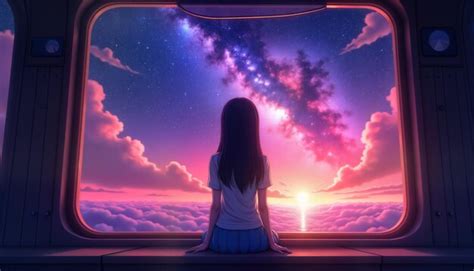 Anime Girl Train Journey Galaxy View Sunrise Above Clouds Lofi Hip Hop