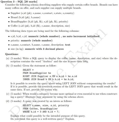 Solved Question 3 Sql 20 Marks Consider The Following
