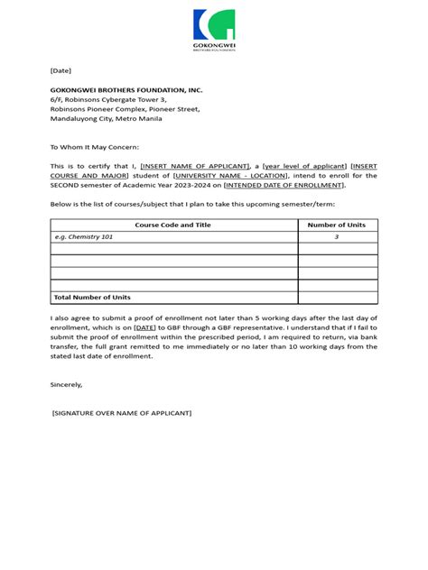 Letter Of Intent To Enroll Template Pdf