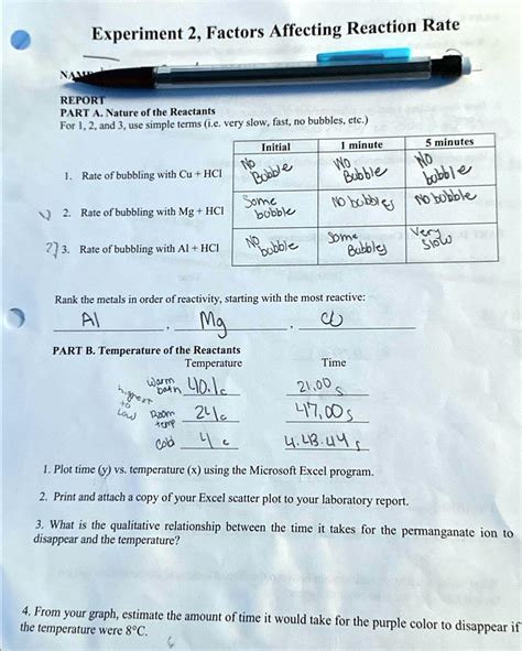 solved experiment 2 factors affecting reaction rate report part a