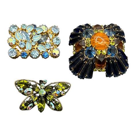 Vintage Mid Century Costume Brooch Trio Enamel Rhinestone And Art Glass