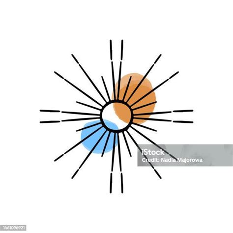 검은 선으로 그려진 추상 태양 손의 벡터 그림 수채화 물감의 착색 된 반점 동위 원소 천체 점성술에 대 한 로고 수채화 물감에