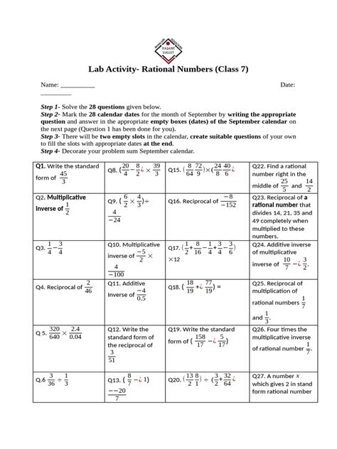 Lab Activity Rational Numbers Classs 7 Pdf Mathematical