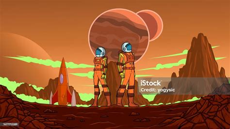 벡터 복고풍 공상 과학 시대 우주 비행사 팀은 새로운 붉은 행성에 착륙 스톡 일러스트 팝 아트에 대한 스톡 벡터 아트 및 기타 이미지 팝 아트 후면 Sf 영화