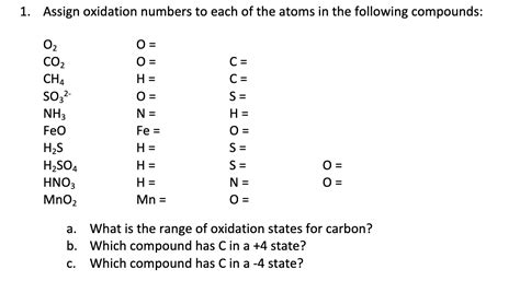 Solved 1 Assign Oxidation Numbers To Each Of The Atoms In Chegg Com