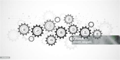 인포그래픽 요소와 플랫 아이콘이 있는 정보 기술 개념 톱니바퀴와 기어 휠 메커니즘 하이테크 디지털 기술 및 엔지니어링 추상적 기술적 배경 개념에 대한 스톡 벡터 아트 및