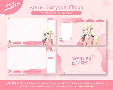 Animated Cute Cherry Lollipop Twitch Premade Stream Overlay Package