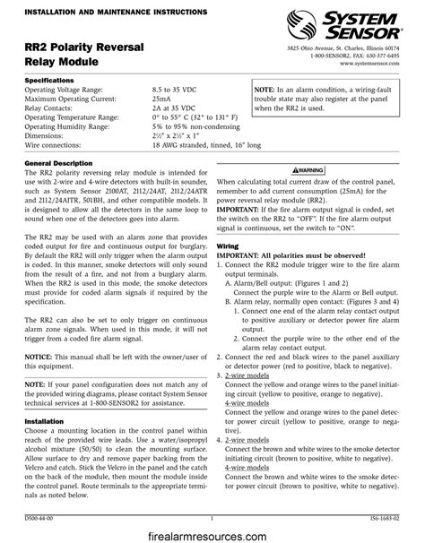 System Sensor Rr2 Installation And Maintenance Instructions Pdf