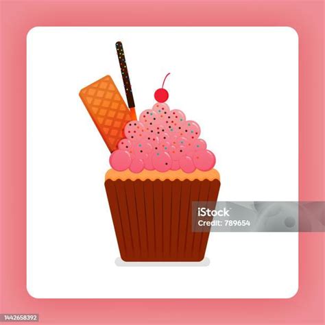 화려한 뿌려 사탕 토핑 와플 초콜릿 스틱 딸기 채찍 크림컵 케이크의 그림 디자인은 책 전단지 포스터 웹 웹 앱 방문 페이지 요리 책일 수 있습니다 벡터에 대한 스톡 벡터