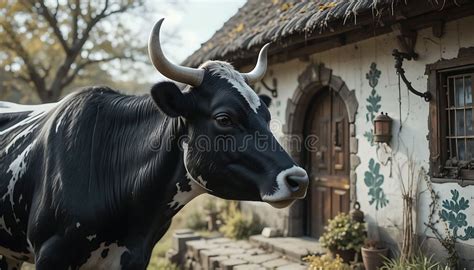 A Black And White Cow Standing In Front Of A House With A Thatched Roof