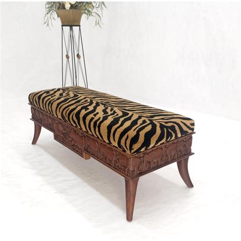 Heavy Solid Carved Elephants Teak Base Tiger Upholstery Horn Leg Bench