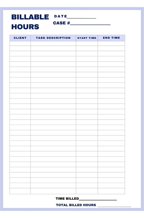 Billable Hours Log Sheet Printable Time Tracking Template For