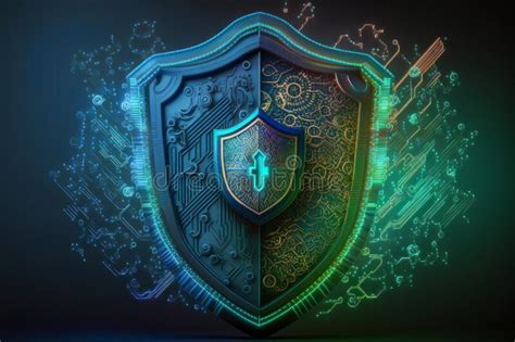 Cybersecurity Shield In Futuristic Digital Space With Neon Hues Intricate Circuitry Patterns