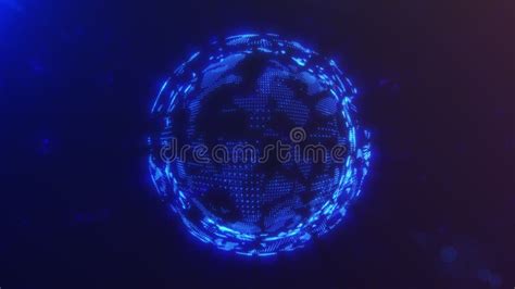 Abstract Glowing Blue Digital Sphere Of Lines And Dots On Dark Particle Background Shiny