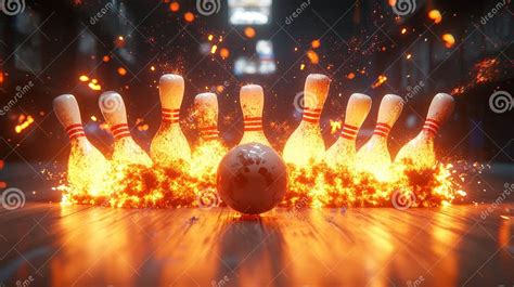 Bowling Strike With Fire And Explosions Ten Pins Knocked Down With