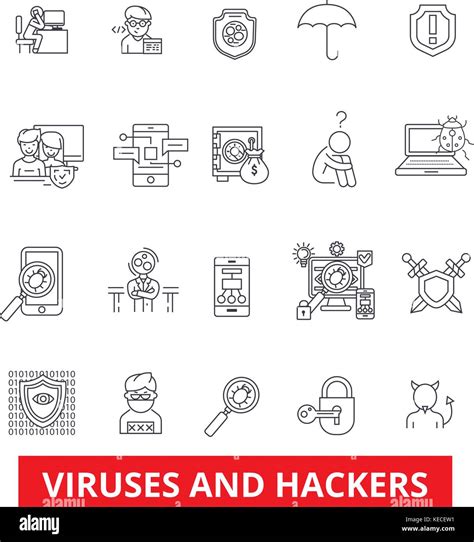 Viruses And Hackers Hacking Security Cyber Crime Malwarespyware Line Icons Editable
