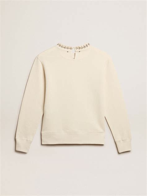 핸드 어플라이드 크리스털 에이지드 화이트 라운드넥 코튼 스웨트셔츠 Golden Goose